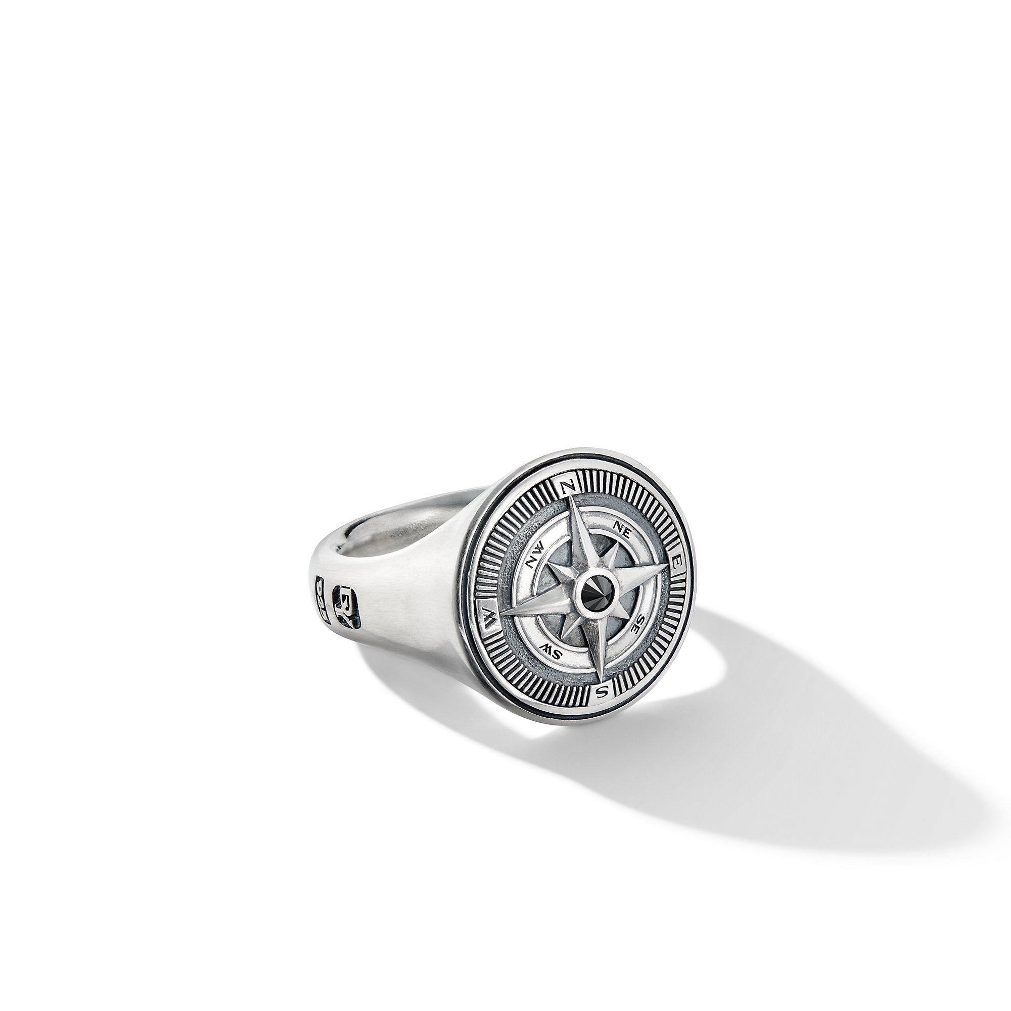 Maritime Compass Signet Ring in Sterling Silver with Center Black Diam ...